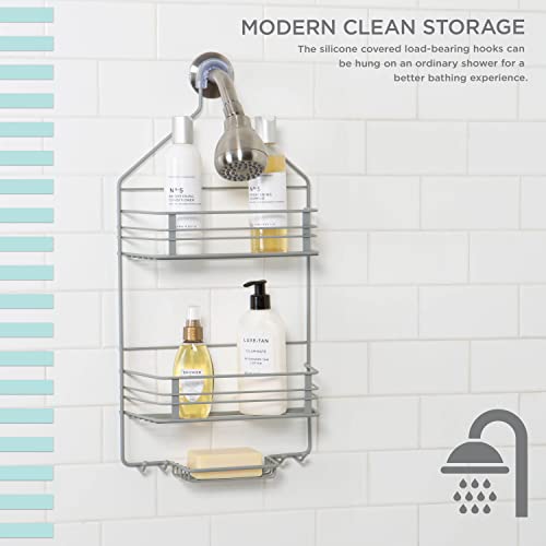 Bath Bliss 2 Tier Linear Hanging Shower Caddy | Bathroom Storage & Organization | Shower Head Hang | Holds Large Bottles | Soap Dish | Accessory Hooks | Grey