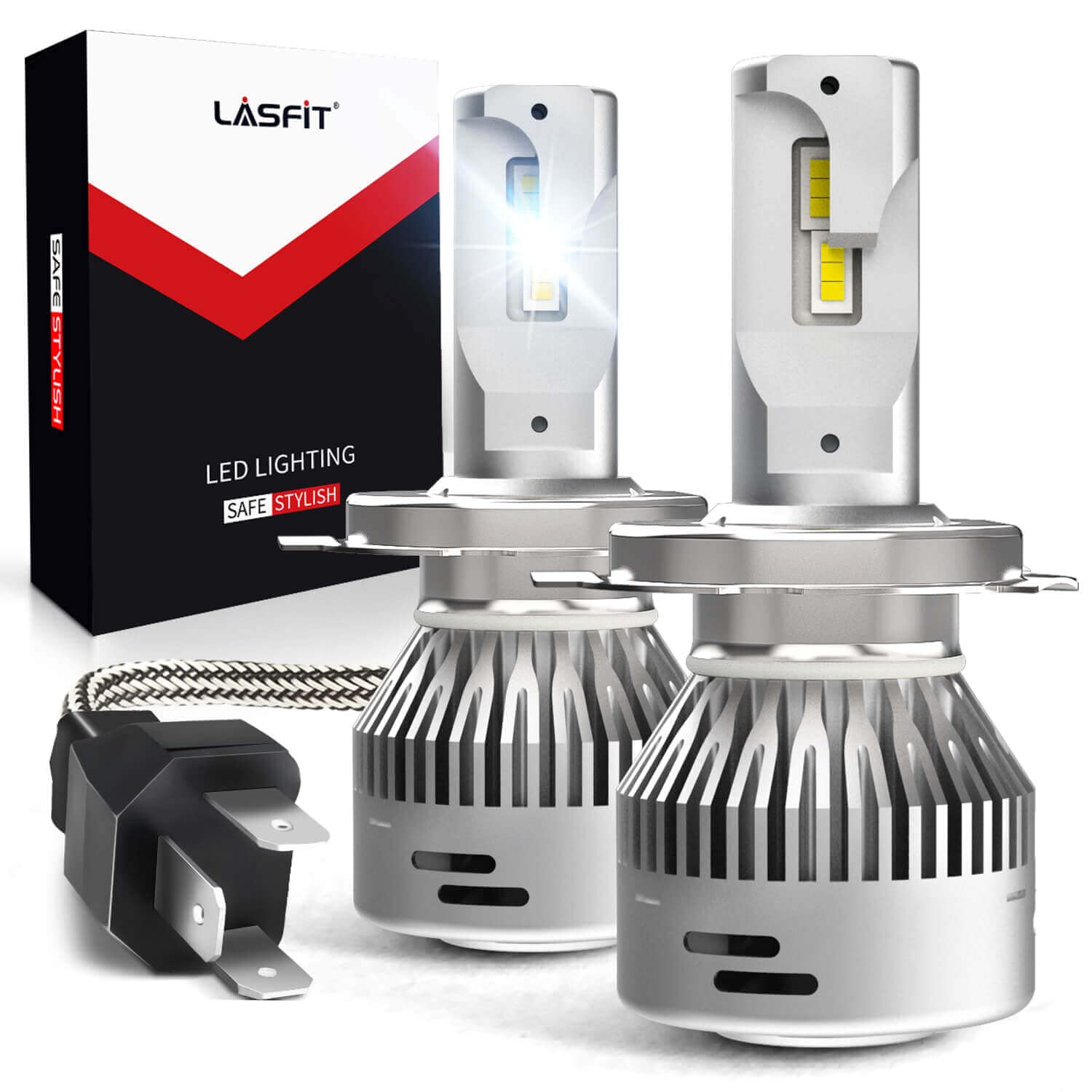 LASFIT H4 9003 Bulbs, HB2/H19/H1S/P43T High/Low Lights, 400% Super Bright 60W 6000LM 6000K White, 360 Adjustable Beam, Plug&Play (2 bulbs)