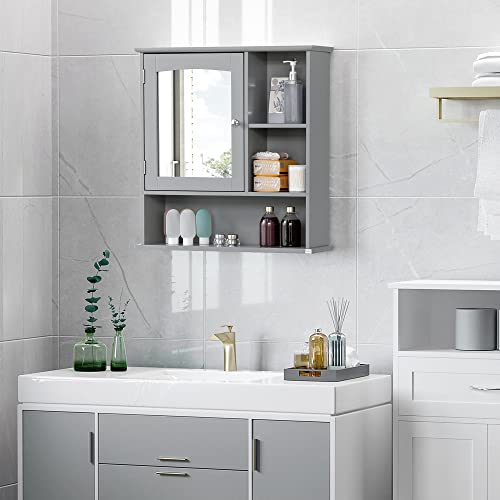 kleankin Bathroom Medicine Cabinet with Mirror, Wall-Mounted Bathroom Cabinet with Adjustable Shelf for Living Room and Laundry Room, Gray