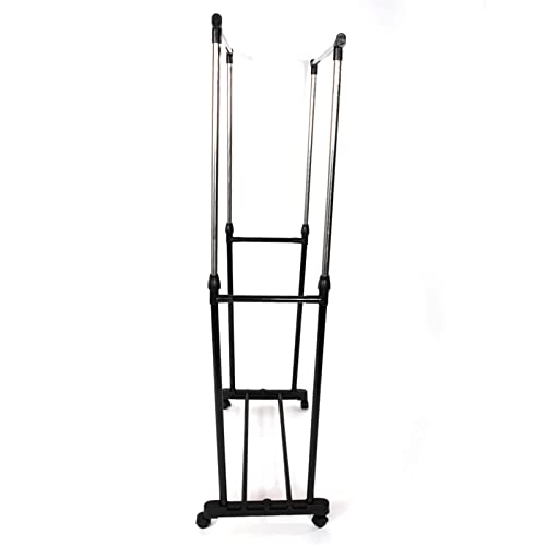 WECNEK Dual-bar Vertical & Horizontal Stretching Stand Clothes Rack with Shoe Shelf YJ-03 Black & Silver