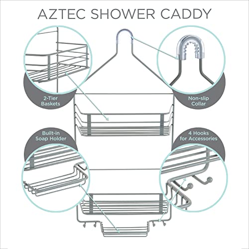 Bath Bliss 2 Tier Linear Hanging Shower Caddy | Bathroom Storage & Organization | Shower Head Hang | Holds Large Bottles | Soap Dish | Accessory Hooks | Grey