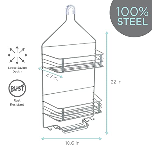 Bath Bliss 2 Tier Linear Hanging Shower Caddy | Bathroom Storage & Organization | Shower Head Hang | Holds Large Bottles | Soap Dish | Accessory Hooks | Grey