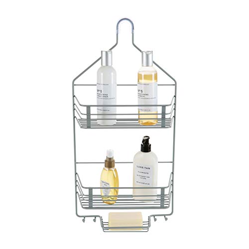 Bath Bliss 2 Tier Linear Hanging Shower Caddy | Bathroom Storage & Organization | Shower Head Hang | Holds Large Bottles | Soap Dish | Accessory Hooks | Grey