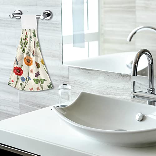 2pcs Spring Flowers Dragonfly Hanging Kitchen Towel Summer Botanical Leaves Floral Hand Towels Soft Coral Velvet Loop Dish Towel for Bathroom Washcloth Absorbent Tie Towel