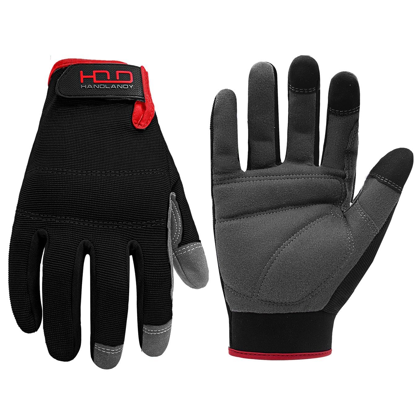 HANDLANDY Mens Work Gloves Touch Screen, Synthetic Leather Utility Gloves, Flexible Breathable Fit- Padded Knuckles & Palm (Large, Black)