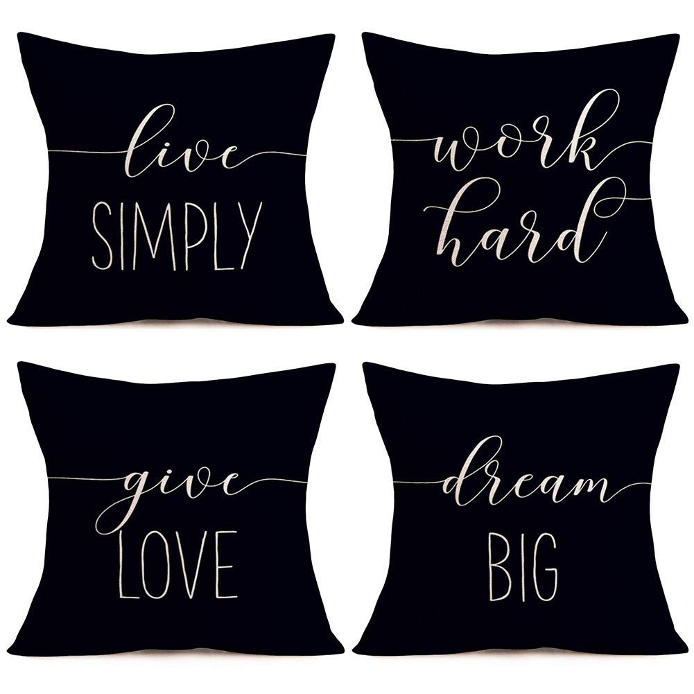 Doitely Simple Quote Black Pillow Covers 18x18 Inch Set of 4 Live Simply, Work Hard, Give Love, Dream Big Cotton Linen Cushion Cover for Home Sofa Chair Decor Inspiring Words Farmhouse Pillow Case