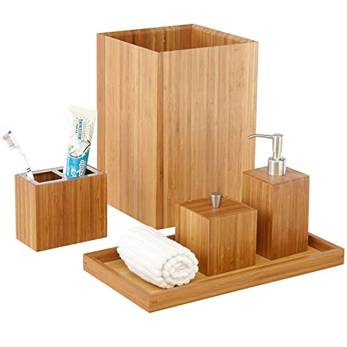 Seville Classics Bamboo Wood Bathroom Vanity Organizer Set with Soap Dispenser & Tooth Brush Trash Bin, Cotton Ball & Q-Tip Holder, Towel Tray, 5 Piece
