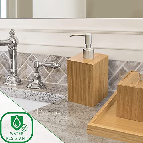 Seville Classics Bamboo Wood Bathroom Vanity Organizer Set with Soap Dispenser & Tooth Brush Trash Bin, Cotton Ball & Q-Tip Holder, Towel Tray, 5 Piece