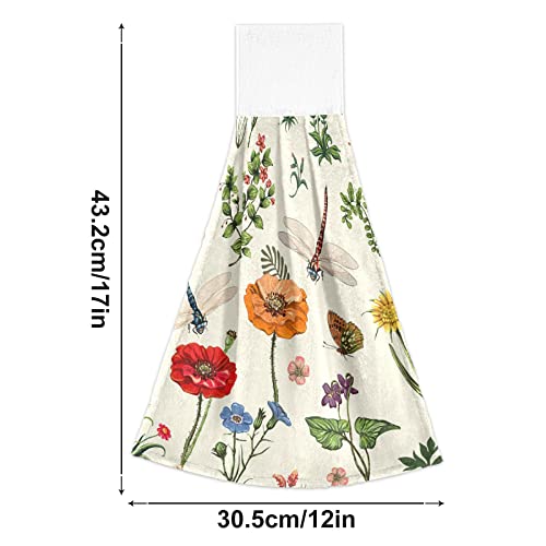 2pcs Spring Flowers Dragonfly Hanging Kitchen Towel Summer Botanical Leaves Floral Hand Towels Soft Coral Velvet Loop Dish Towel for Bathroom Washcloth Absorbent Tie Towel