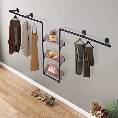 NeNchengLi Industrial Pipe Clothing Rack Wall Mount Clothing Rack With Three Storage Shelves Clothing Display Rack Retail Display Clothes Rod Iron Garment Rack Multi-occasion Clothes Display Shelf