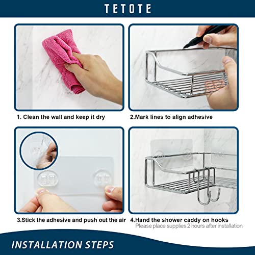 TETOTE Corner Shower Caddy,2-Pack Storage For Inside Shower Adhesive Shelf with Hooks,SUS304 Rustproof No drill Organizer Suction cups for Bathroom Stick On Shelves