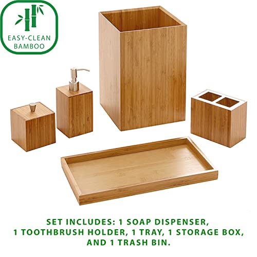 Seville Classics Bamboo Wood Bathroom Vanity Organizer Set with Soap Dispenser & Tooth Brush Trash Bin, Cotton Ball & Q-Tip Holder, Towel Tray, 5 Piece
