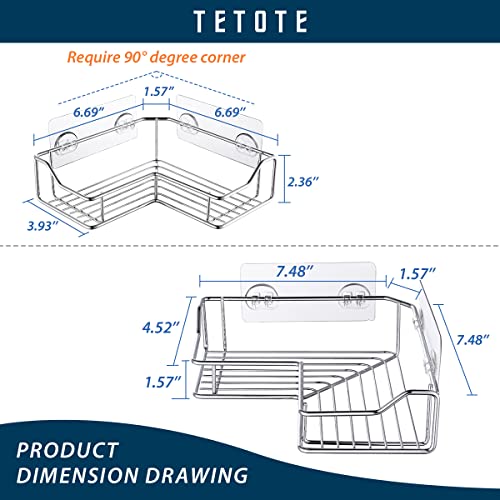 TETOTE Corner Shower Caddy,2-Pack Storage For Inside Shower Adhesive Shelf with Hooks,SUS304 Rustproof No drill Organizer Suction cups for Bathroom Stick On Shelves