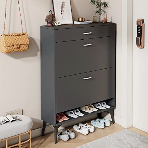 Leiln.z Shoe Cabinet with 1 Slide Drawer & 2 Flip Drawers, Freestanding Shoe Rack Storage Organizer,Shelves for Narrow Closet, Entryway, Living Room (Gray)