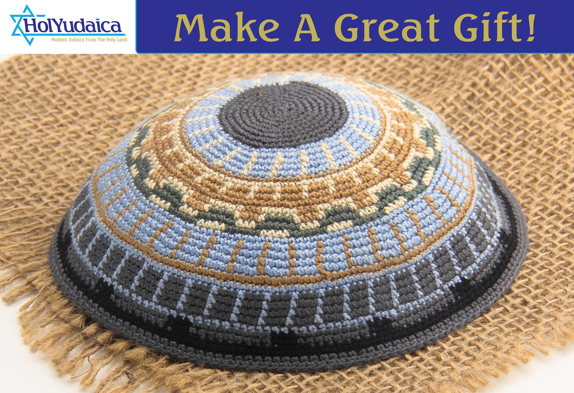HolYudaica Hand Made 100% Cotton DMC Hand Knitted Kippah Hat Designed in Israel, Yamaka Jewish Hats for Men, Yarmulke Hat (Blue Grey, 19cm-7.5inch-Flat)