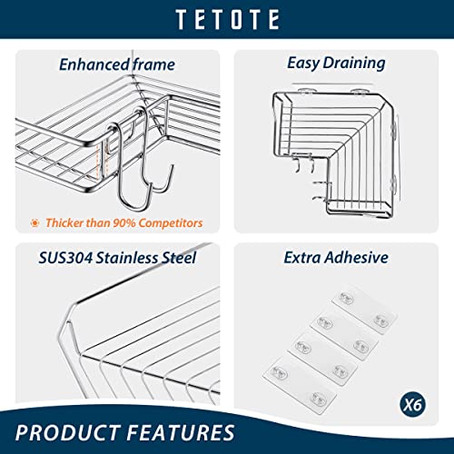 TETOTE Corner Shower Caddy,2-Pack Storage For Inside Shower Adhesive Shelf with Hooks,SUS304 Rustproof No drill Organizer Suction cups for Bathroom Stick On Shelves