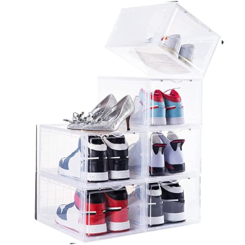 6 Pack Wanhux Shoe Box Organizer,Stackable Plastic Shoe Box With Clear Door,Transparent Shoe Box Storage,As Shoe Storage Box And Clear Shoe Box,For Display Sneakers,Easy Assembly,Fit Up To Us Size 12(13.6”x 10.6”x 6.7”)