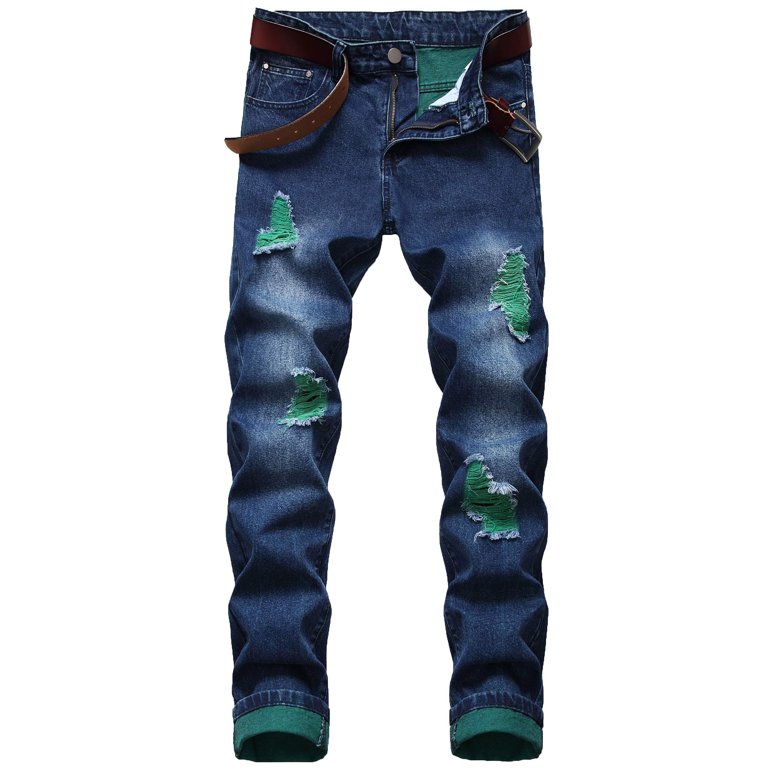 Men's Ripped Distressed Destroyed Slim Fit Straight Leg Denim Jeans (38, Dark Blue)