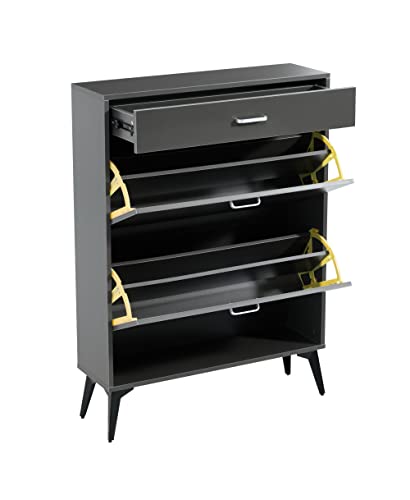 Leiln.z Shoe Cabinet with 1 Slide Drawer & 2 Flip Drawers, Freestanding Shoe Rack Storage Organizer,Shelves for Narrow Closet, Entryway, Living Room (Gray)