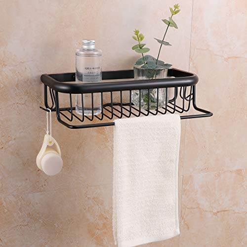 VINSNI Wall Mounted Shower Caddy Bathroom Shelf Solid Brass Shower Shampoo Holder Storage Basket with Towel Bar Oil Rubbed Bronze