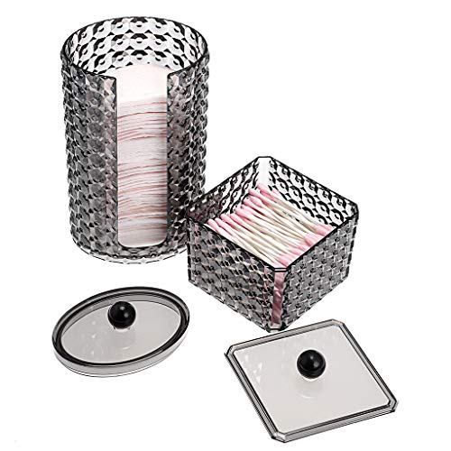 Hipiwe 2 Packs Q-Tips Cotton Round Holder - Acrylic Cotton Swab Canister Jar Cotton Balls Dispenser with Lid, Bathroom Vanity Countertop Storage Organizer for Makeup Sponges,Black