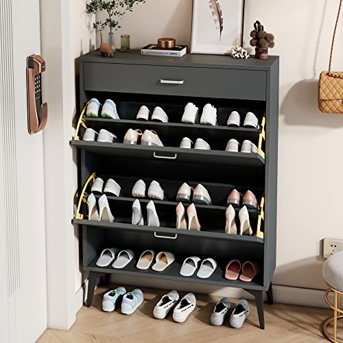 Leiln.z Shoe Cabinet with 1 Slide Drawer & 2 Flip Drawers, Freestanding Shoe Rack Storage Organizer,Shelves for Narrow Closet, Entryway, Living Room (Gray)