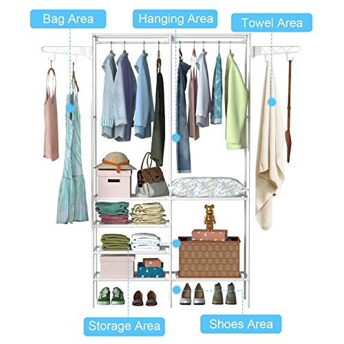 KOCASO Garment Shoes Rack Simple Closet Metal Shelf Clothing Organizer with 4 Hooks and Lower Storage Space, White