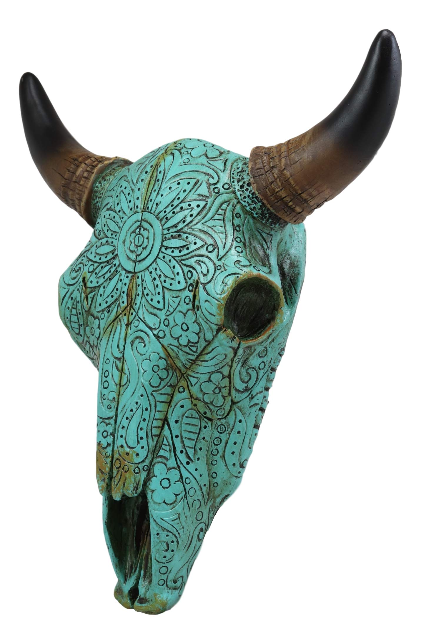Ebros 10" Wide Western Southwest Steer Bison Buffalo Bull Cow Horned Skull Head Turquoise Floral Lace Design Wall Mount Decor Native Indian Sacred Animal Totem Bust Skulls