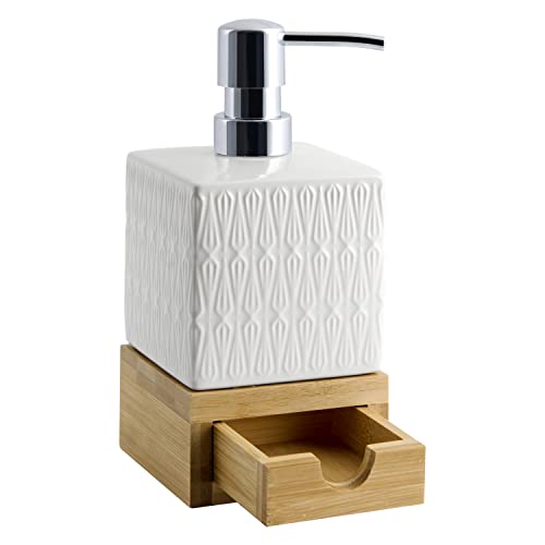 Allure Home Creation Kismet 4-Piece White Ceramic with Bamboo Bathroom Countertop Accessory Set, White and Natural