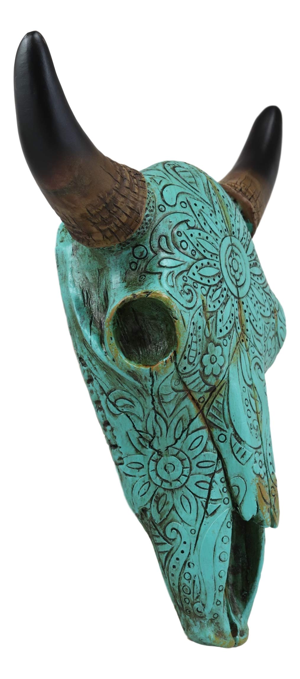 Ebros 10" Wide Western Southwest Steer Bison Buffalo Bull Cow Horned Skull Head Turquoise Floral Lace Design Wall Mount Decor Native Indian Sacred Animal Totem Bust Skulls