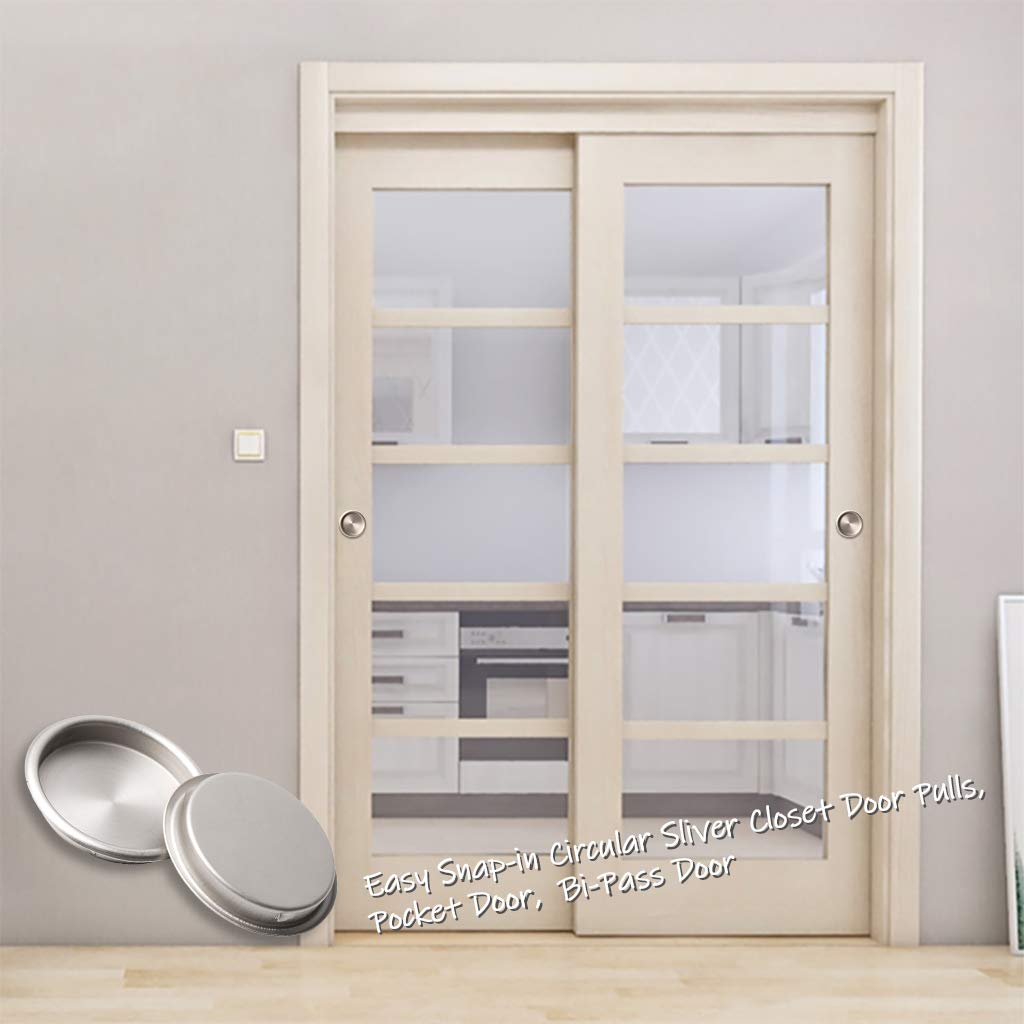 4PCS Closet Door Finger Pull - Satin Nickel, 2-1/8' Easy Snap-in Circular Sliver Pulls, No Nails Needed, Perfect for Cabinet, Pocket, Sliding, Bi-Pass Door