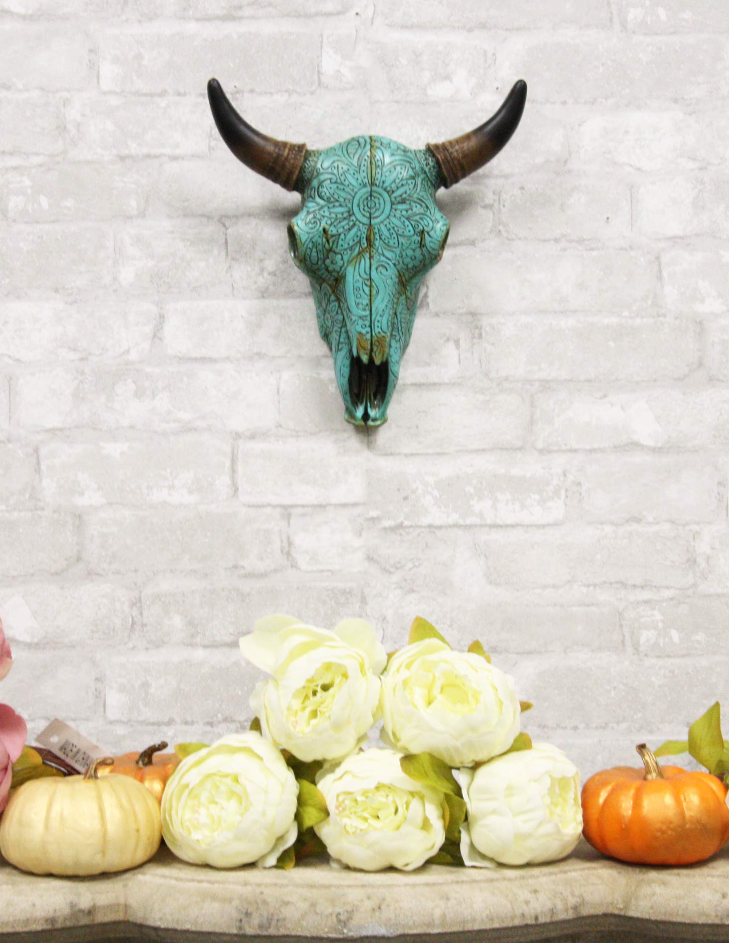 Ebros 10" Wide Western Southwest Steer Bison Buffalo Bull Cow Horned Skull Head Turquoise Floral Lace Design Wall Mount Decor Native Indian Sacred Animal Totem Bust Skulls
