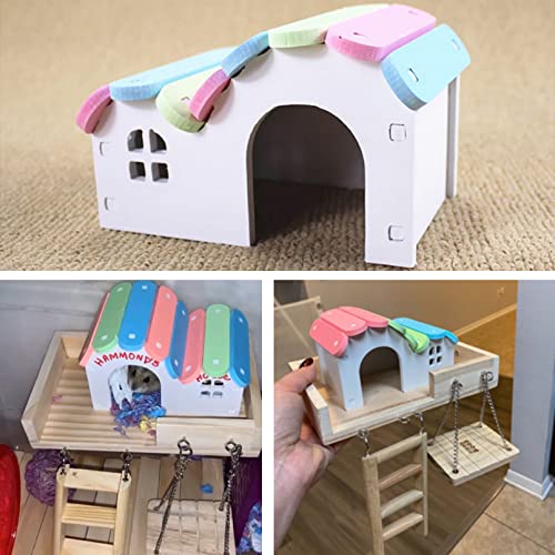 Hamster Platform with Ladder,Wooden House Hut Hideout Swing Rat Playground Activity Set with Climbing Ladders Play Toys for Mouse,Gerbil, Small Animals