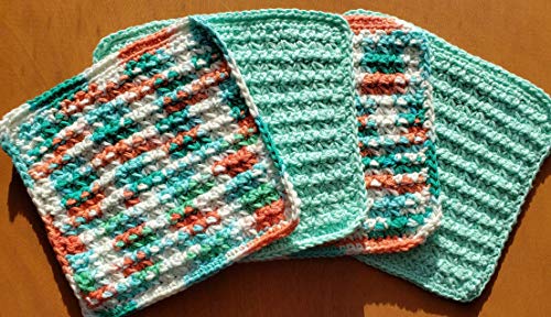 Handmade crochet washcloths, dishcloths 100% cotton set of 4 (Ahoy and mint colors) * thick and dense*