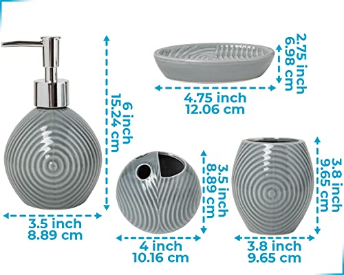 Designer 4-Piece Bathroom Accessory Set β Ceramic Bath Set w/Liquid Soap or Lotion Dispenser, Toothbrush Holder, Tumbler and Soap Dish β Decorative Set w/Embossed Details β Modern Vanity Accessories