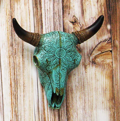 Ebros 10" Wide Western Southwest Steer Bison Buffalo Bull Cow Horned Skull Head Turquoise Floral Lace Design Wall Mount Decor Native Indian Sacred Animal Totem Bust Skulls