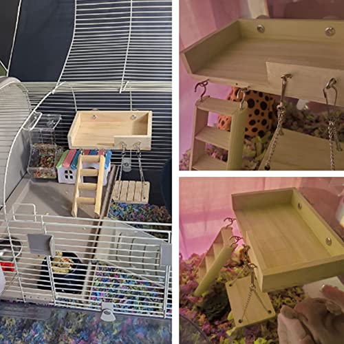 Hamster Platform with Ladder,Wooden House Hut Hideout Swing Rat Playground Activity Set with Climbing Ladders Play Toys for Mouse,Gerbil, Small Animals