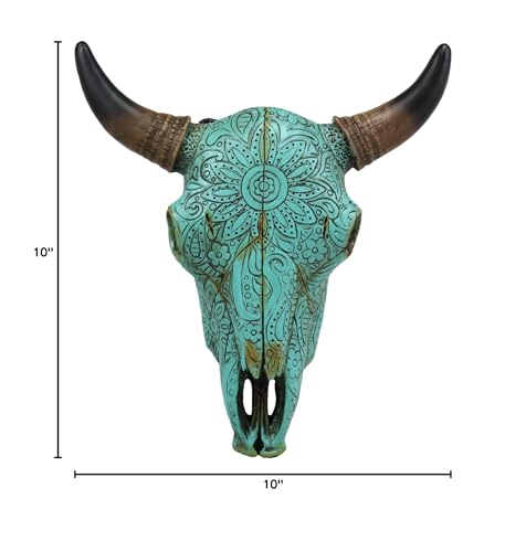 Ebros 10" Wide Western Southwest Steer Bison Buffalo Bull Cow Horned Skull Head Turquoise Floral Lace Design Wall Mount Decor Native Indian Sacred Animal Totem Bust Skulls