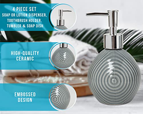 Designer 4-Piece Bathroom Accessory Set β Ceramic Bath Set w/Liquid Soap or Lotion Dispenser, Toothbrush Holder, Tumbler and Soap Dish β Decorative Set w/Embossed Details β Modern Vanity Accessories