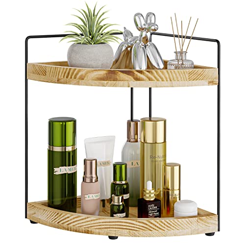 Sekepingo 2-Tier Coner Bathroom Countertop Organizer Cosmetic Vanity Dresser Tray Kitchen Snack Storage Shelf Wood Coffee Station Organization