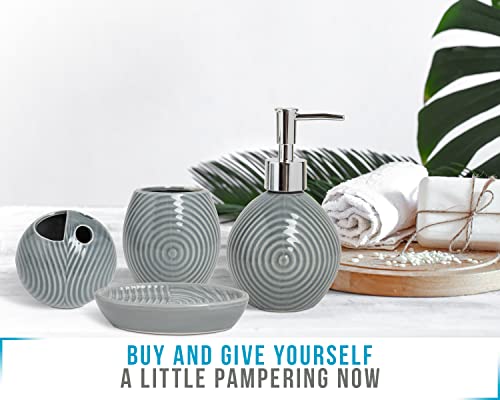 Designer 4-Piece Bathroom Accessory Set β Ceramic Bath Set w/Liquid Soap or Lotion Dispenser, Toothbrush Holder, Tumbler and Soap Dish β Decorative Set w/Embossed Details β Modern Vanity Accessories