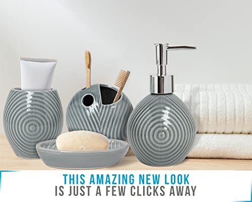 Designer 4-Piece Bathroom Accessory Set β Ceramic Bath Set w/Liquid Soap or Lotion Dispenser, Toothbrush Holder, Tumbler and Soap Dish β Decorative Set w/Embossed Details β Modern Vanity Accessories