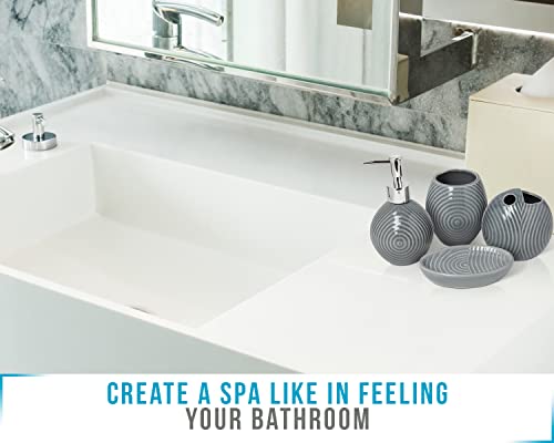 Designer 4-Piece Bathroom Accessory Set β Ceramic Bath Set w/Liquid Soap or Lotion Dispenser, Toothbrush Holder, Tumbler and Soap Dish β Decorative Set w/Embossed Details β Modern Vanity Accessories