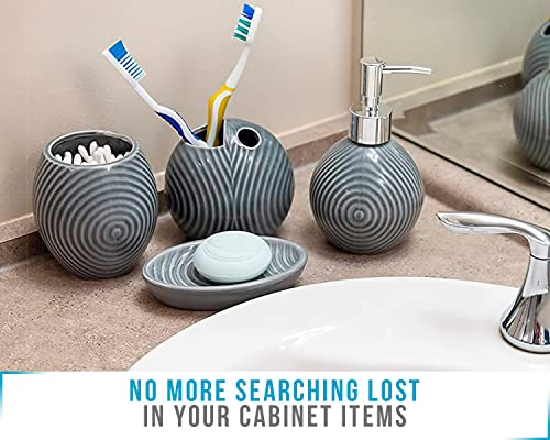 Designer 4-Piece Bathroom Accessory Set β Ceramic Bath Set w/Liquid Soap or Lotion Dispenser, Toothbrush Holder, Tumbler and Soap Dish β Decorative Set w/Embossed Details β Modern Vanity Accessories