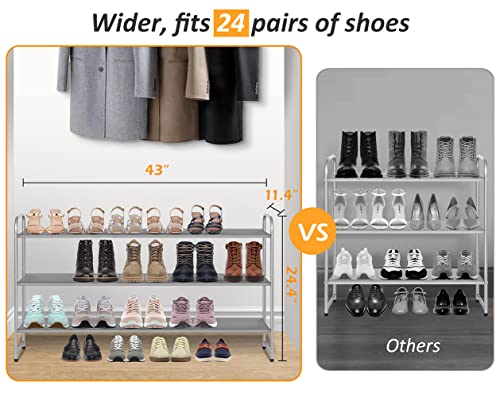 MISSLO Long 3 Tier Shoe Rack for Closet adn 4 Tier Long Shoe Organizer for Closet Shoe Organizer Storage Stackable Wide Shoe Shelf Holds Men Sneakers, Women Heels, Boots