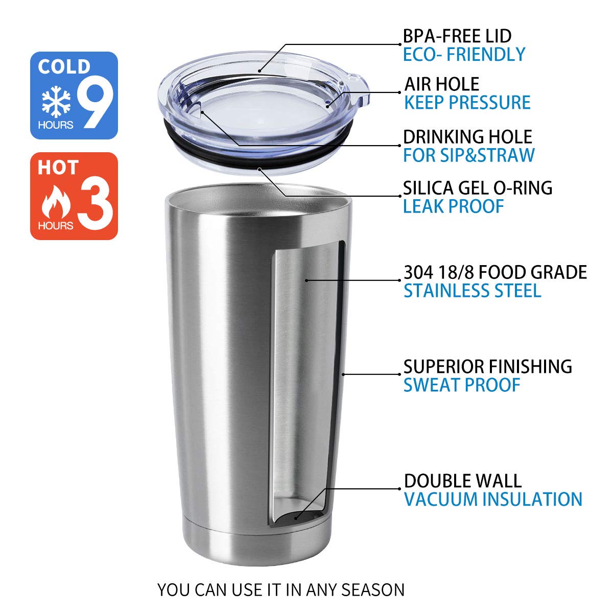 HASLE OUTFITTERS 20oz Stainless Steel Tumblers Bulk, Insulated Travel Cup with Lid, Double Wall Vacuum Coffee Mug for Cold & Hot Drinks 4 Pack, Silver