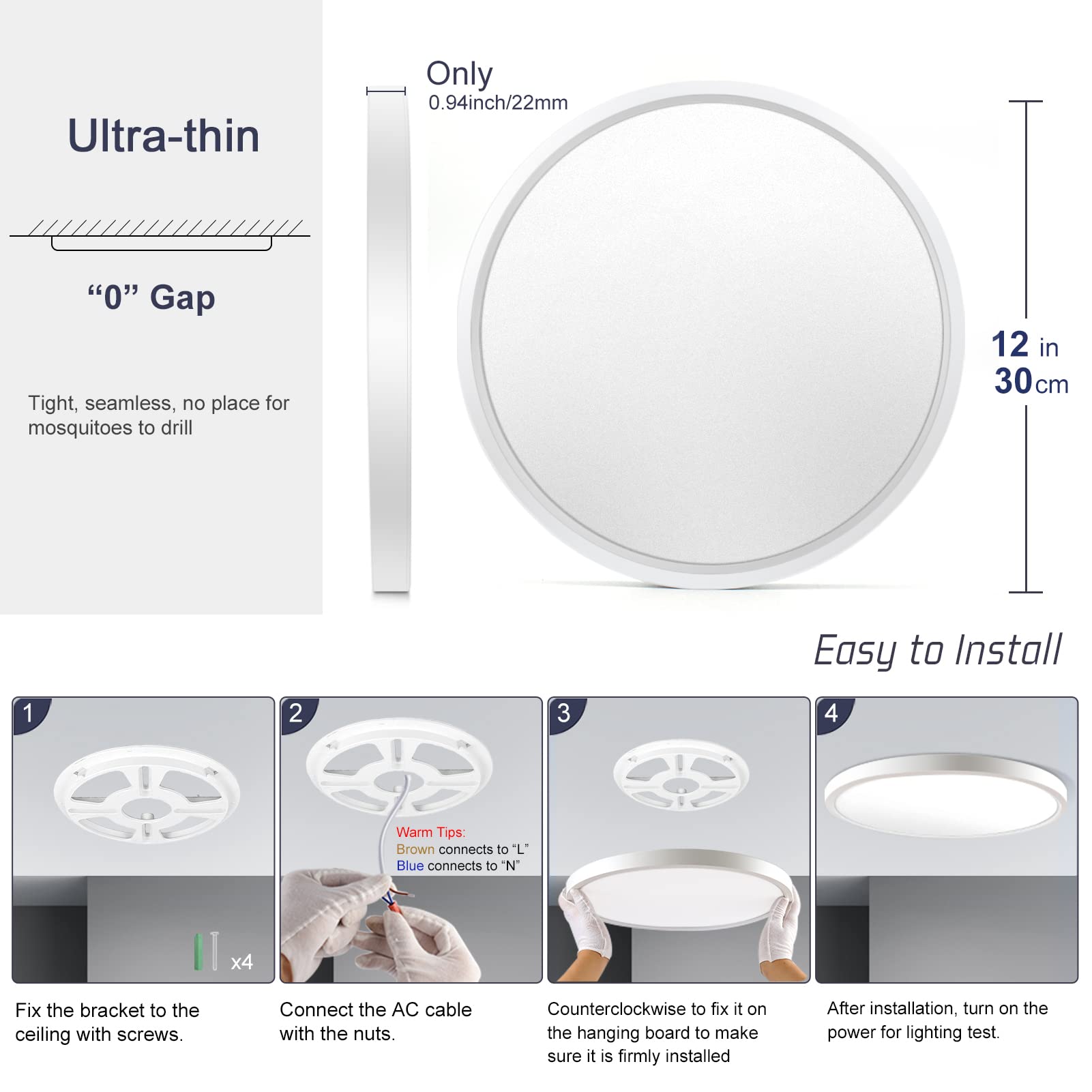 12 Inch LED Flush Mount Ceiling Light Fixture, 5000K Daylight White, 3200LM, 24W, Flat Modern Round Lighting Fixture, 240W Equivalent White Ceiling Lamp for Kitchens, Stairwells, Bedrooms.etc.