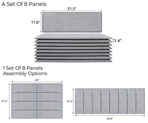 Art3d Padded Bed Headboard for Queen/Twin/King/Full-Removable-Sized 31.5x11.8inches Pack of 8pcs-Gray, Upholstered Wall Panels for Interior Wall Decor