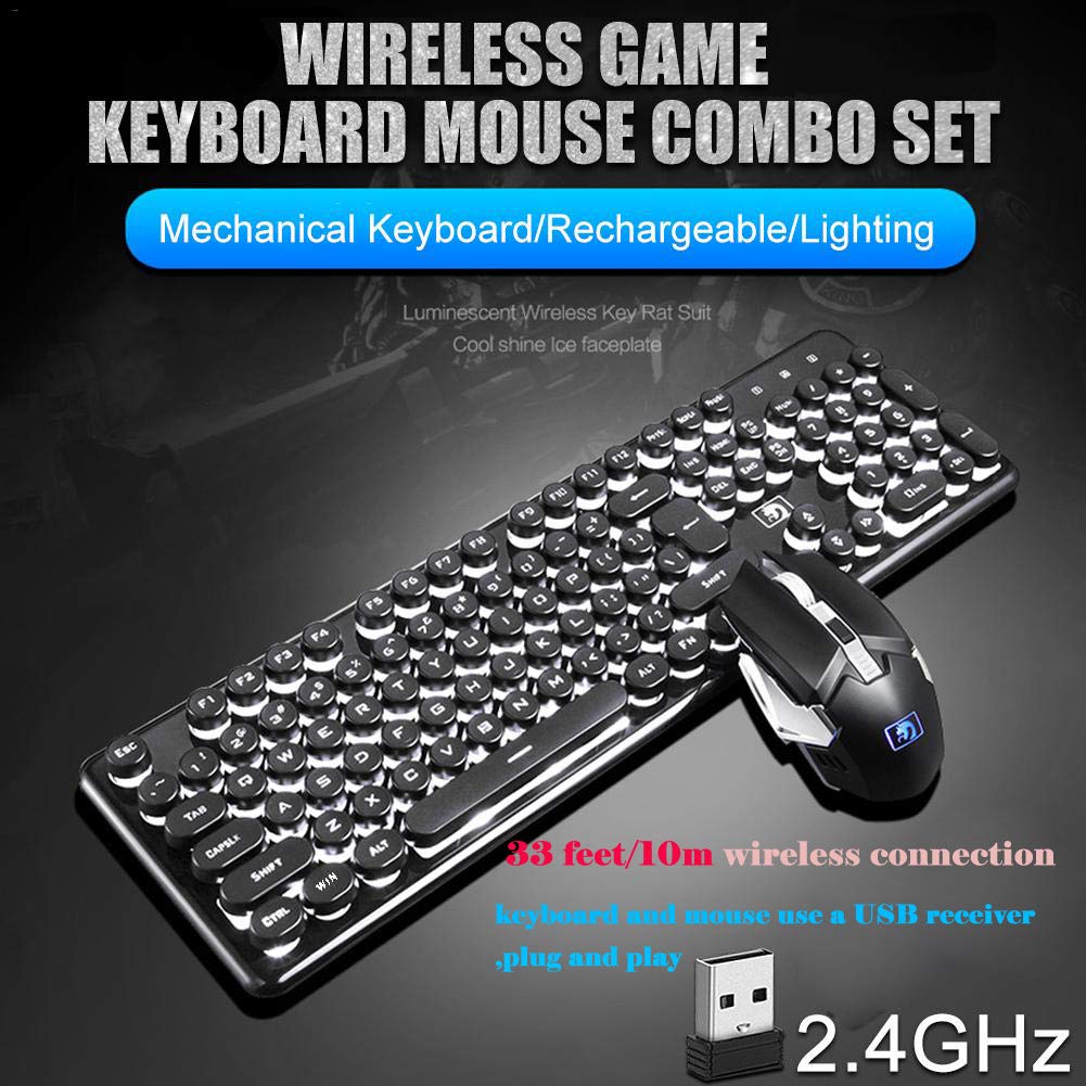 Gaming Keyboard and Mouse,Soke-Six 2.4G Wireless Retro Punk Typewriter-Style Backlit Keyboard Mice Combo,4800mAh Battery,Mechanical Feel,Anti-ghosting,Crystal Panel Round Keycaps (Black+White Light)