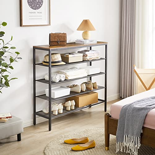 YMYNY Industrial Shoe Rack, 5-Tier Shoe Storage Organizer with 4 Mesh Shelves for 16-20 Pairs, Shoe Shelf for Entryway, Hallway, Closet, 39.4 x 11.8 x 37.4, Metal Frame, Rustic Brown, HD-UHTMJ084H
